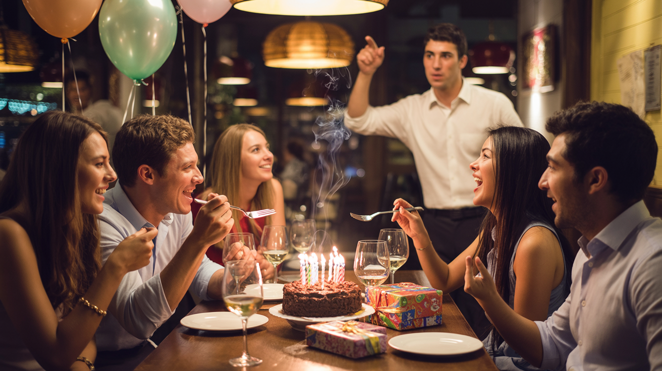 Friends Joyfully Devour Birthday Cake Served To Their Table Before ...